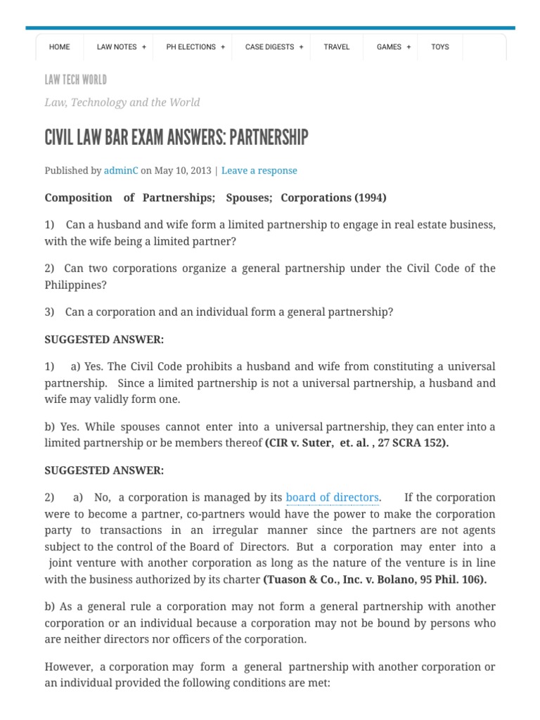 Civil Law Bar Exam Answers - Partnership | PDF | General Partnership ...
