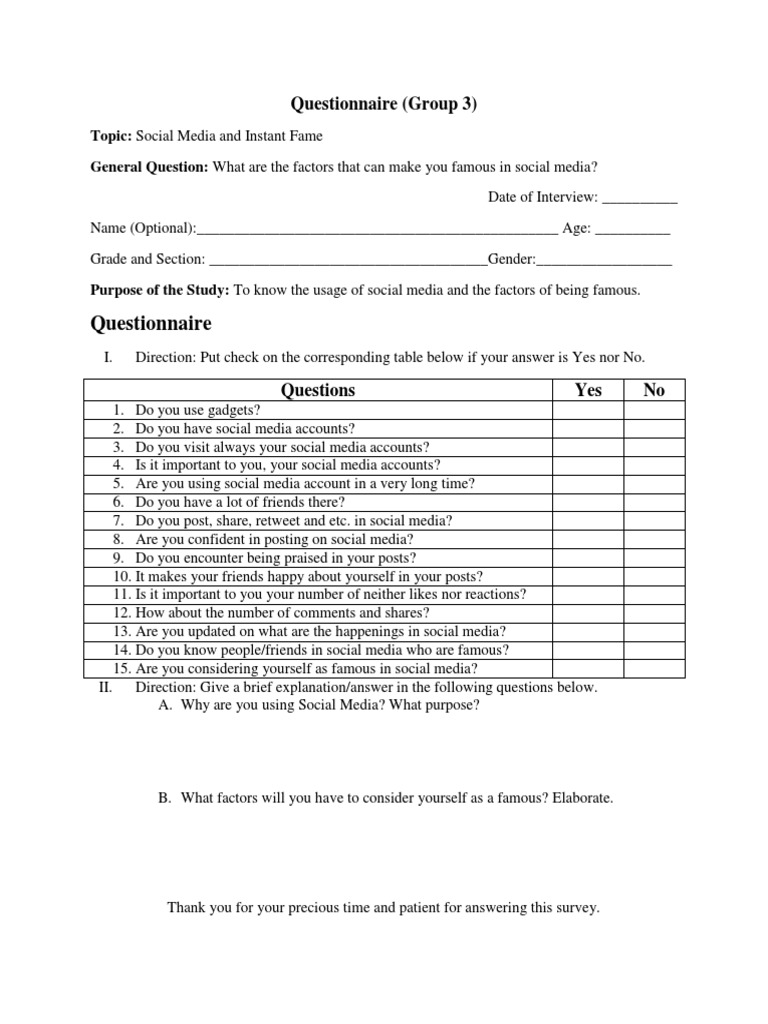 Questionnaire Group 3 | PDF