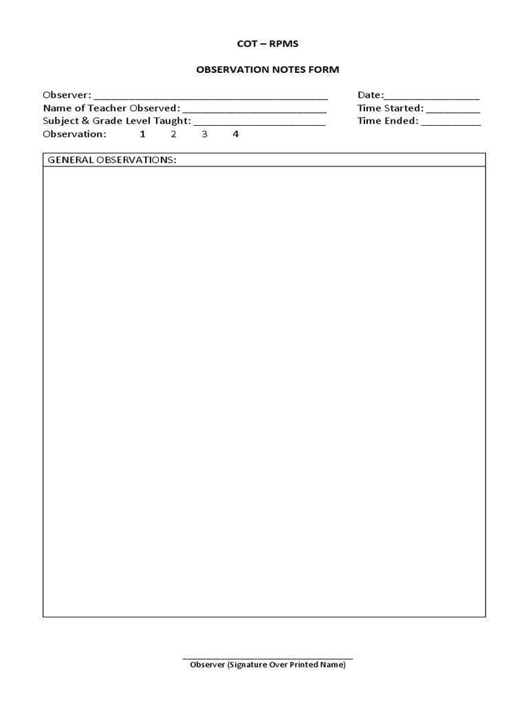Cot - Rpms Observation Notes Form: - Observer (Signature Over Printed ...