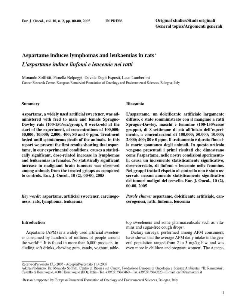 Aspartame Study 14 July 2005 | PDF | Carcinogen | Sugar Substitute