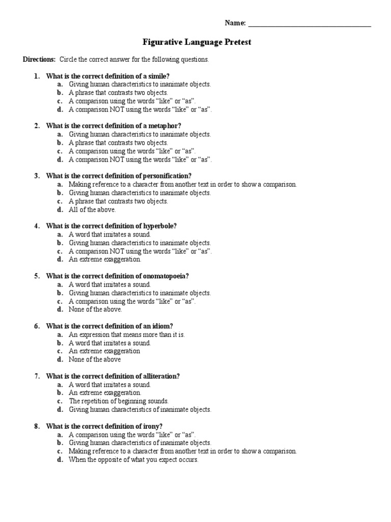 Figurative Language Pre-Test | PDF | Human Communication | Cognition