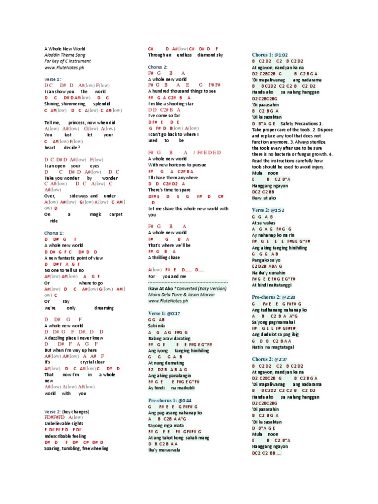 Chorus 2:: Aladdin Theme Song For Key of C Instrument WWW - Flutenotes ...