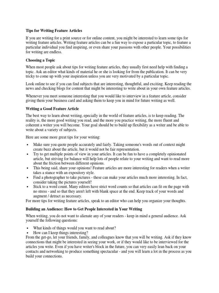 Tips For Writing Feature Articles | PDF | News | Writers