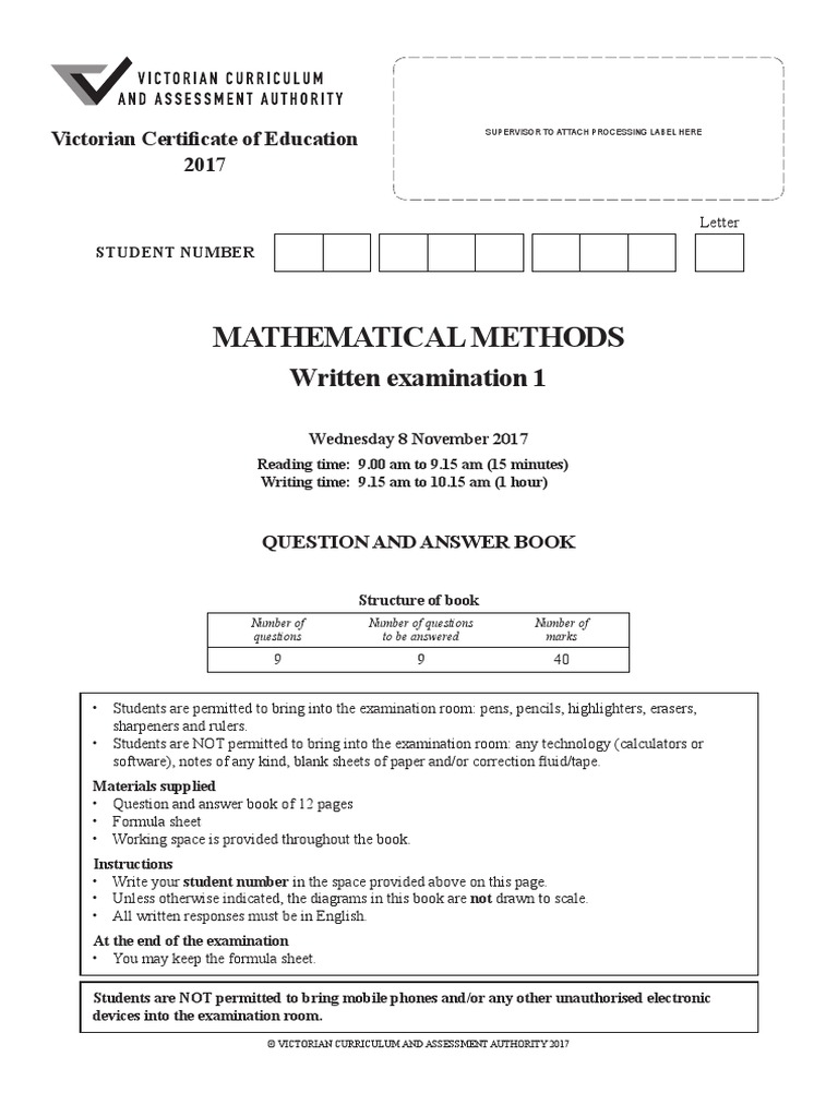 Mathematical Methods: Written Examination 1 | PDF | Variance | Standard ...