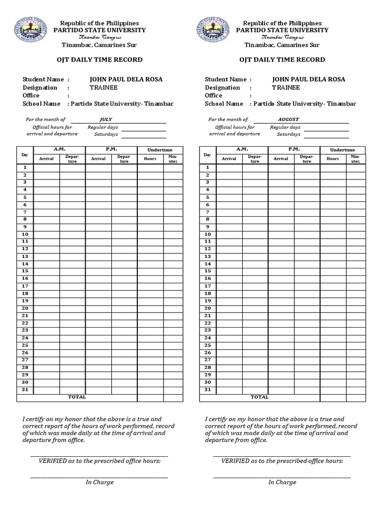 Ojt Daily Time Record Ojt Daily Time Record: Partido State University ...