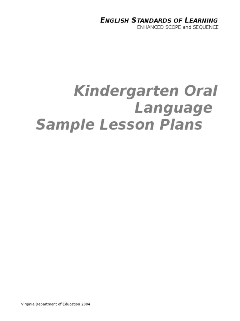 Kindergarten Oral Language Sample Lesson Plans: Nglish Tandards OF ...