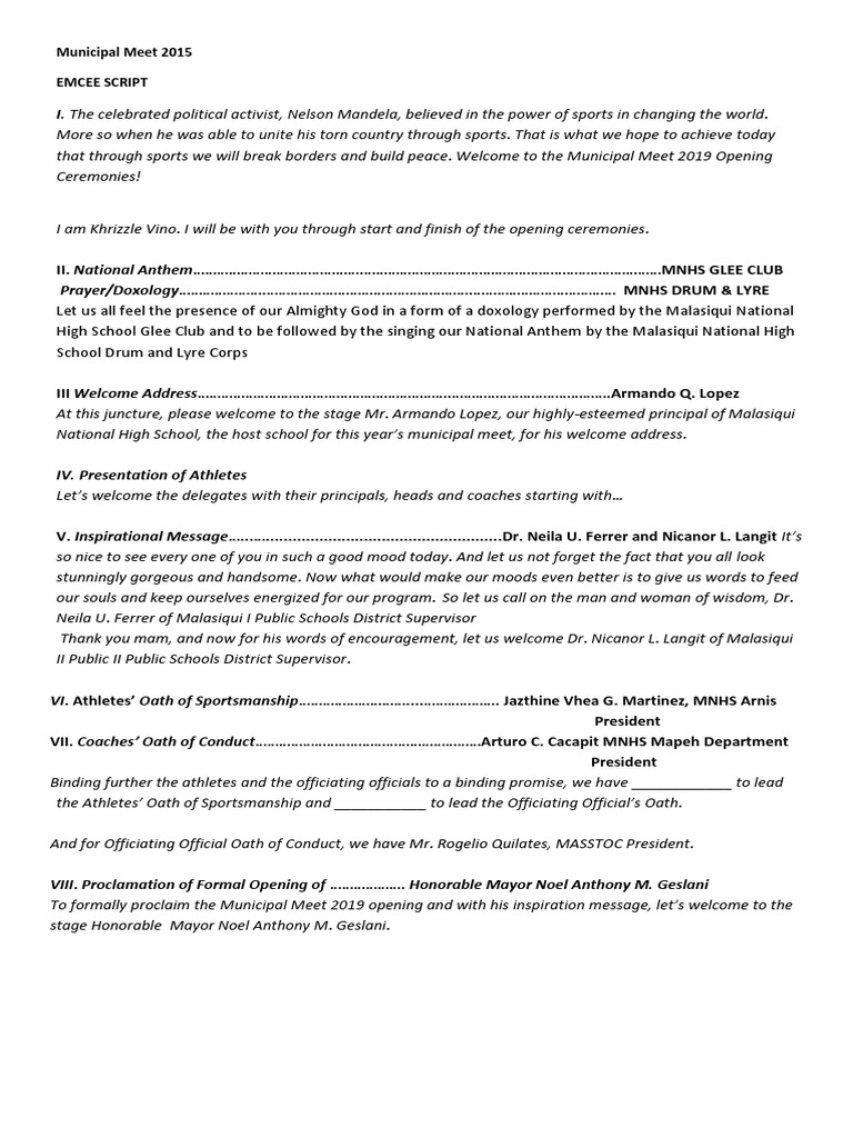 Municipal Meet 2015 Emcee Script | PDF