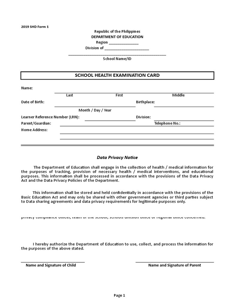 School Health Examination Card: Department of Education | PDF | Human ...