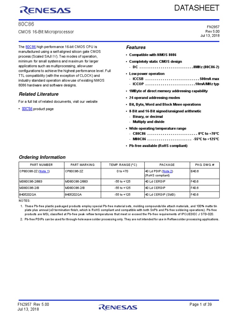 Features: CMOS 16-Bit Microprocessor | PDF | Central Processing Unit | Input/Output