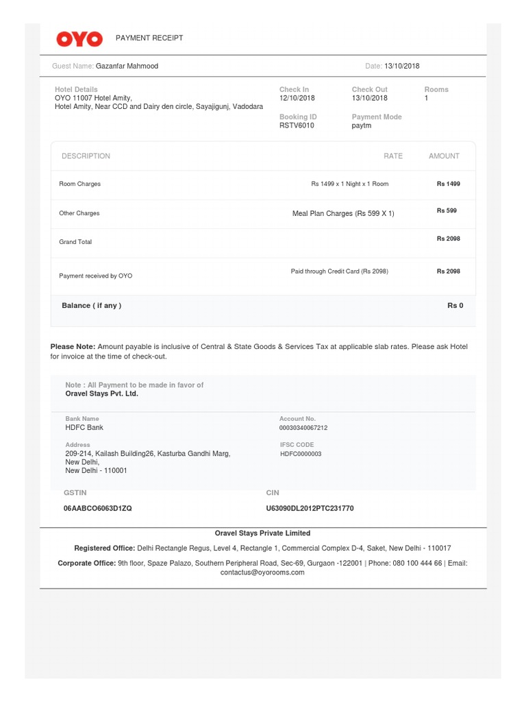 An Insightful Payment Receipt Detailing a Guest's One Night Stay at the ...