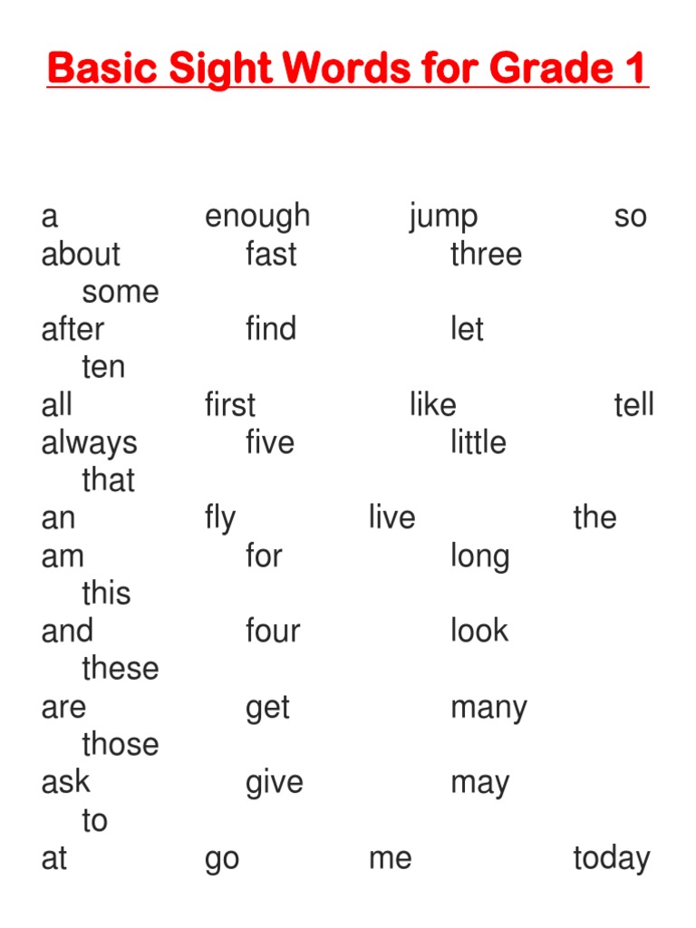 Grade 1 Basic Sight Words List | PDF