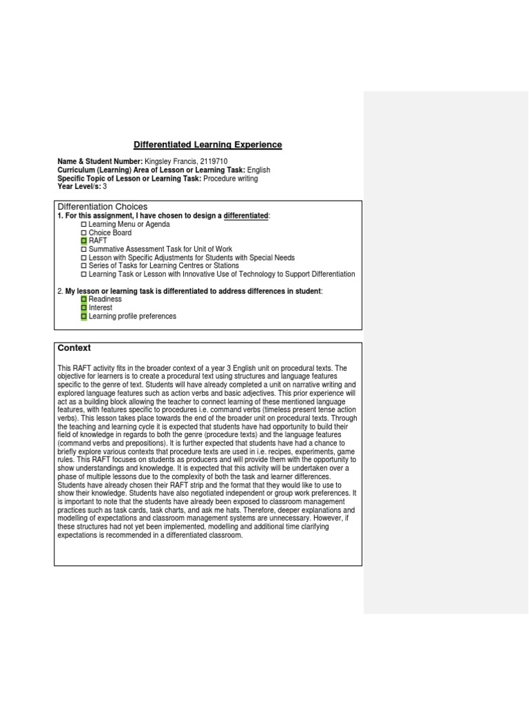 Differentiated RAFT Lesson Plan for Year 3 | PDF | Educational ...