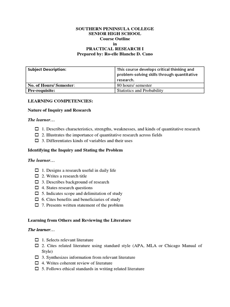 Practical Research 1 Course Outline | PDF | Data Analysis | Statistics