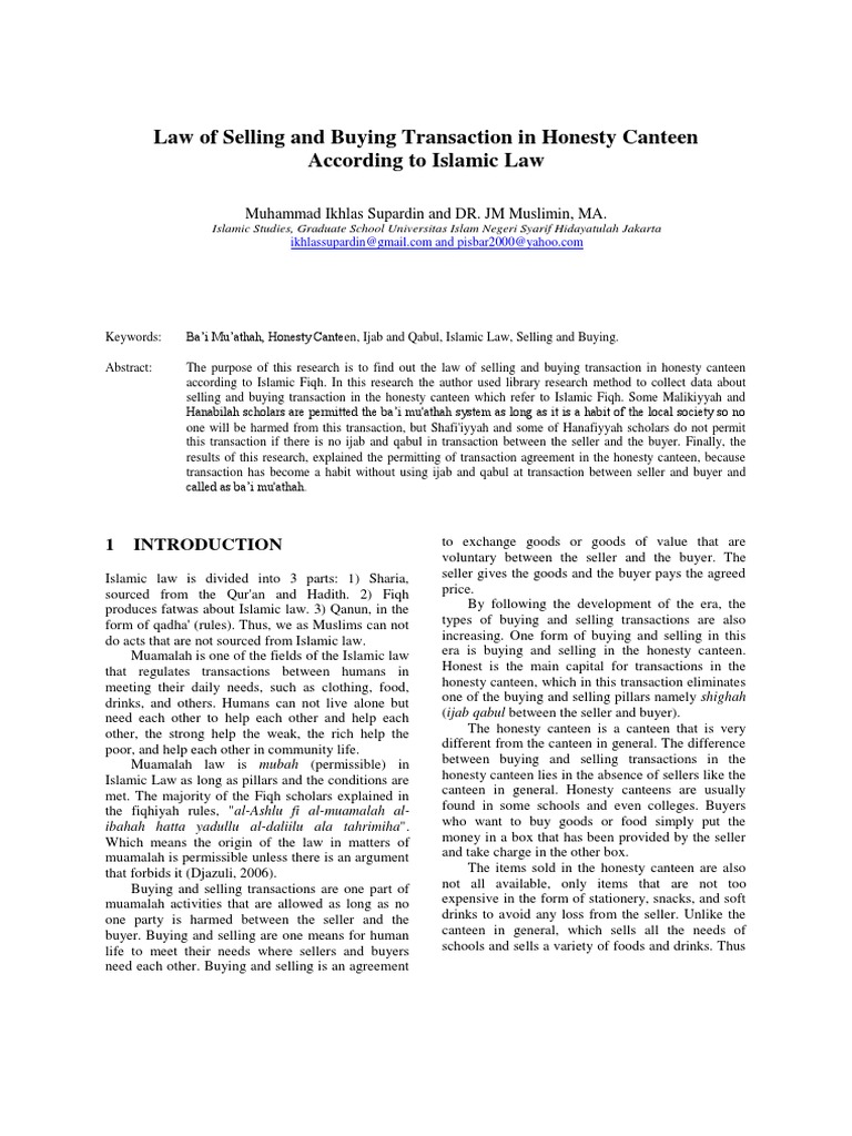 Law of Selling and Buying Transaction in Honesty Canteen According To ...