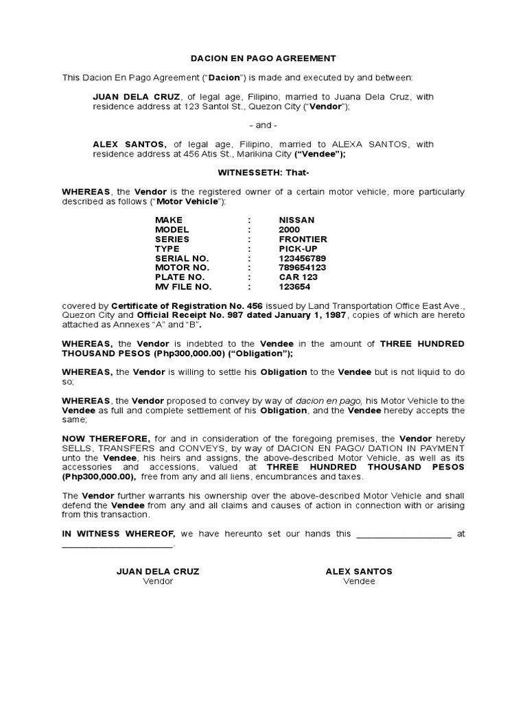 Dacion en Pago Sample | Property | Civil Law (Common Law)