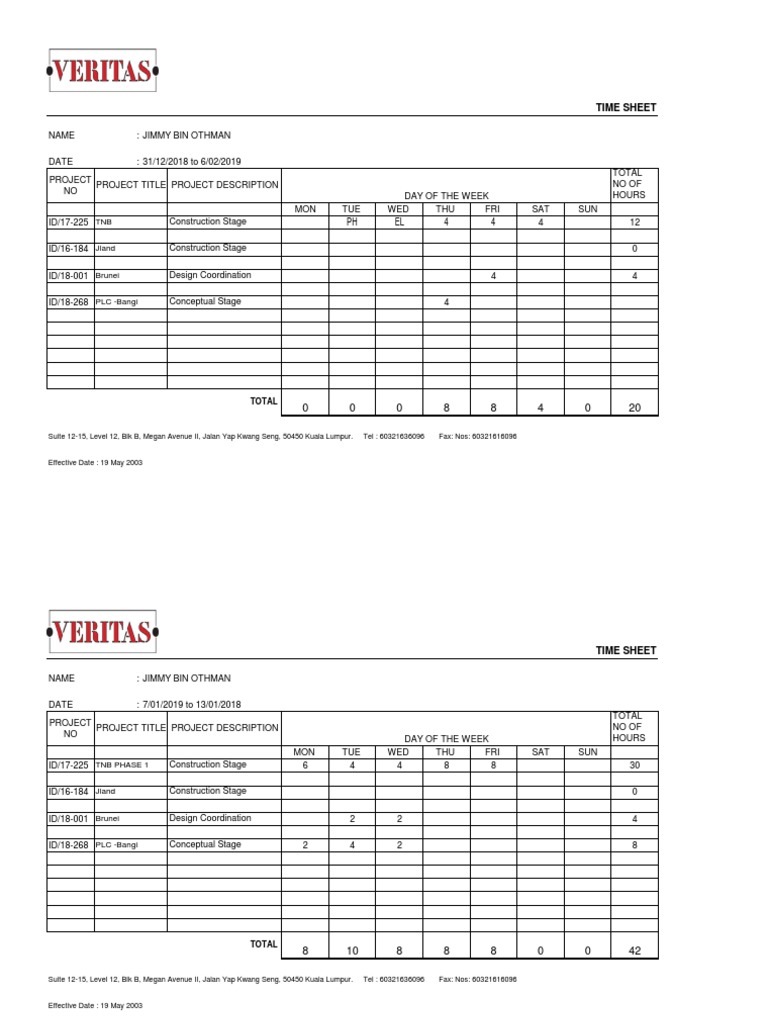 Jimmy Bin Othman's Project Timesheet | PDF