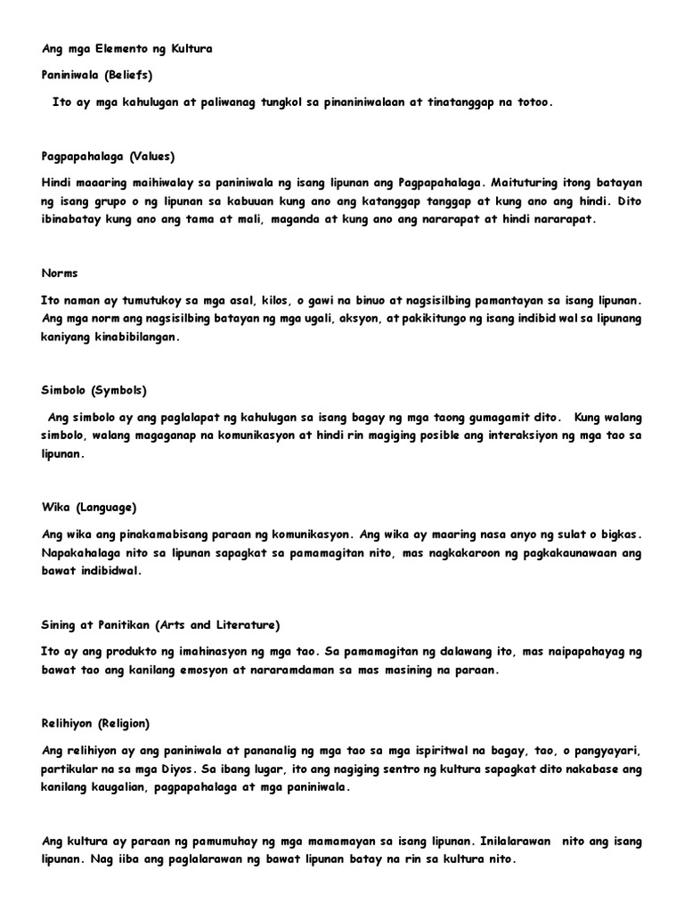 Ang Mga Elemento NG Kultura | PDF