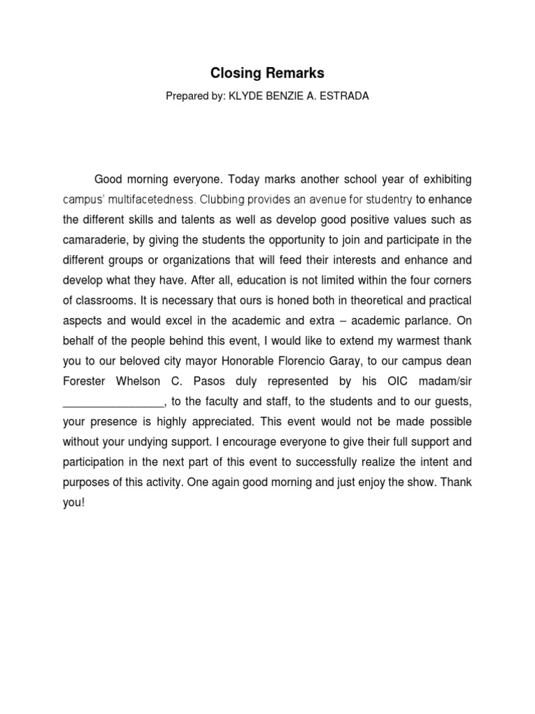 Closing Remarks: Prepared By: Klyde Benzie A. Estrada | PDF