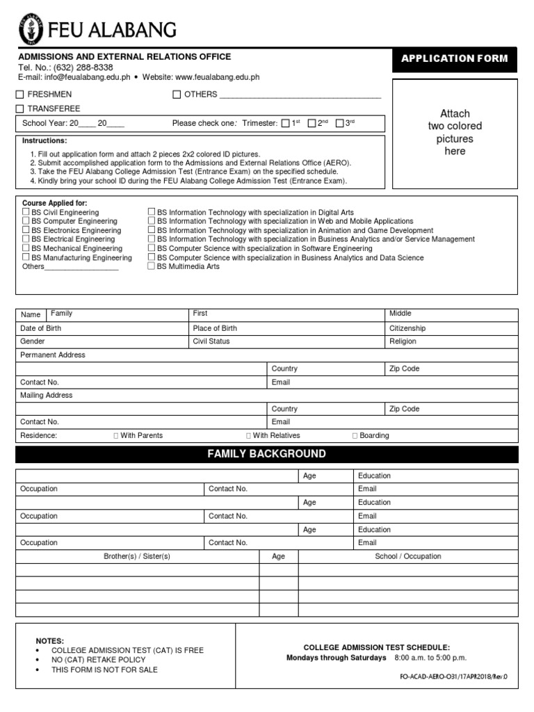 FEU Alabang Admission Application Form | PDF | Application Software ...