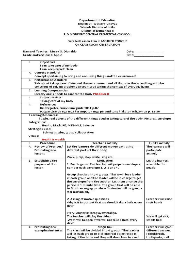 Cleanliness Lesson Plan for Kindergarten | PDF | Lesson Plan ...