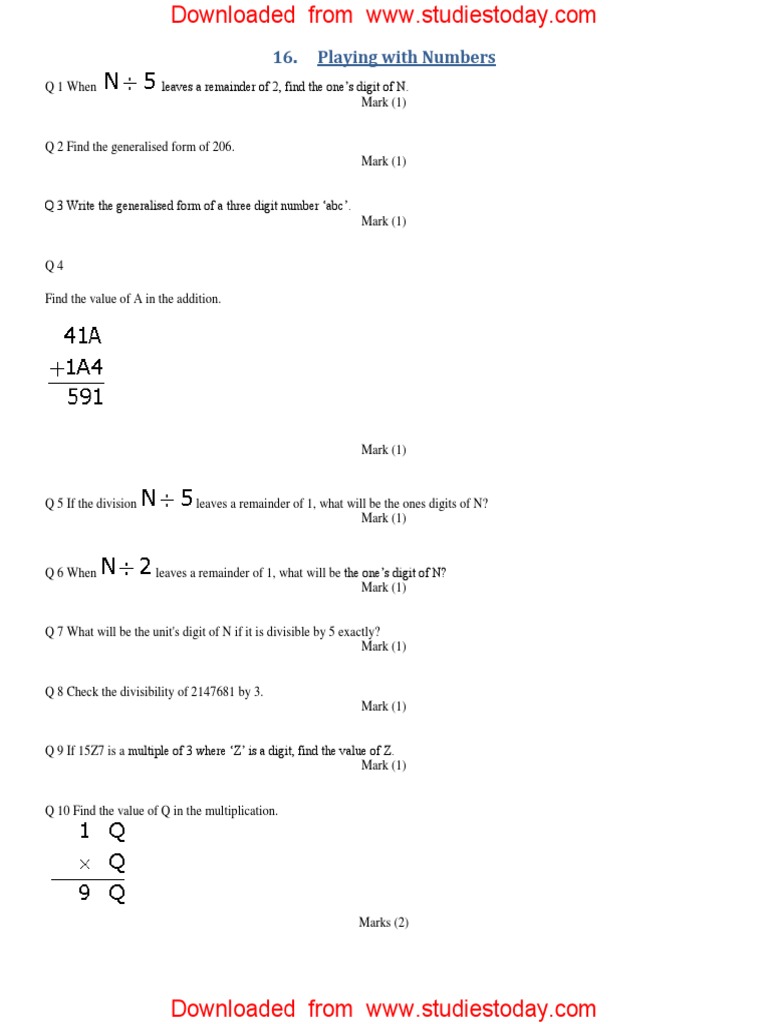 CBSE Class 8 Mathematics Worksheet - Playing With Numbers | PDF ...