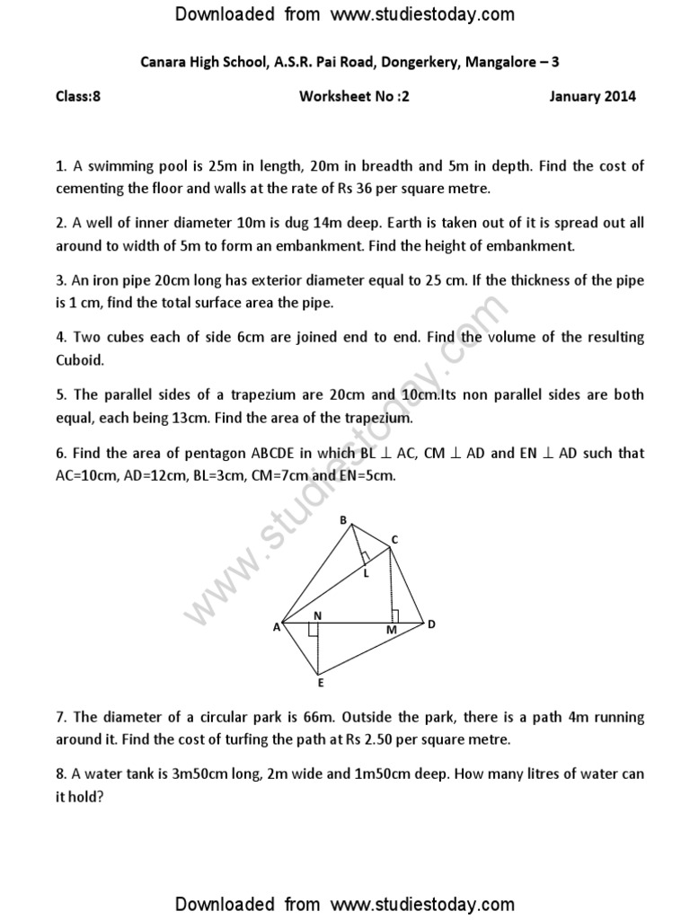 CBSE Class 8 Mathematics Revision Worksheet | PDF | Area | Euclidean ...