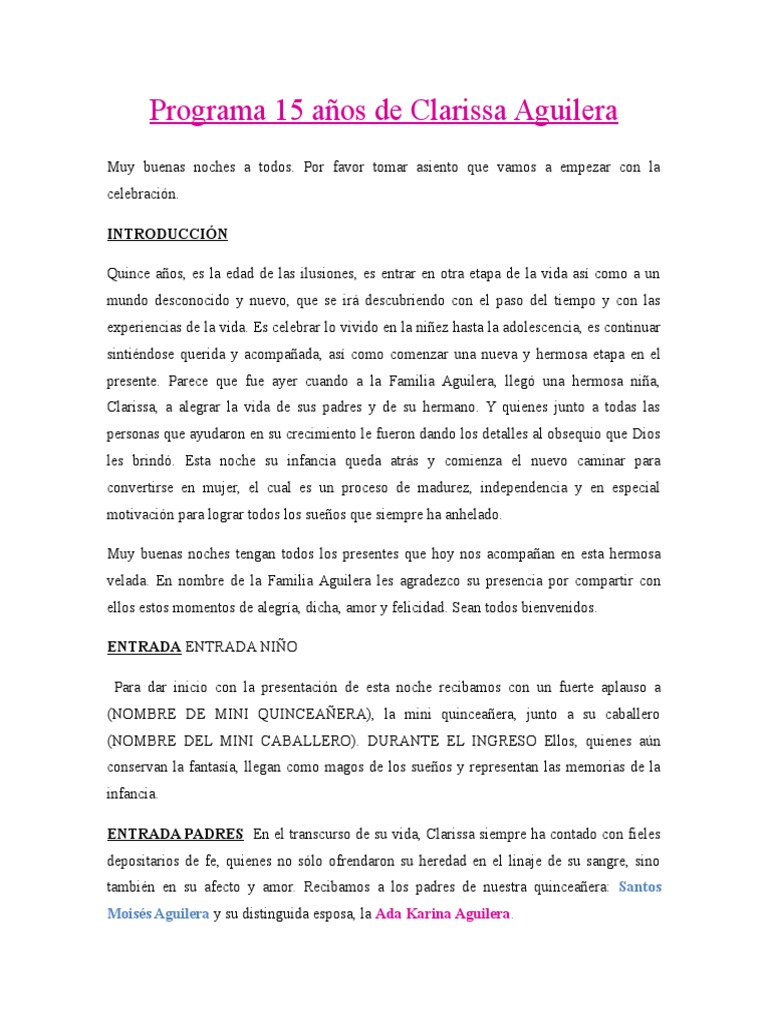 Programa XV AÑOS Clarissa | PDF | Infancia | Amor