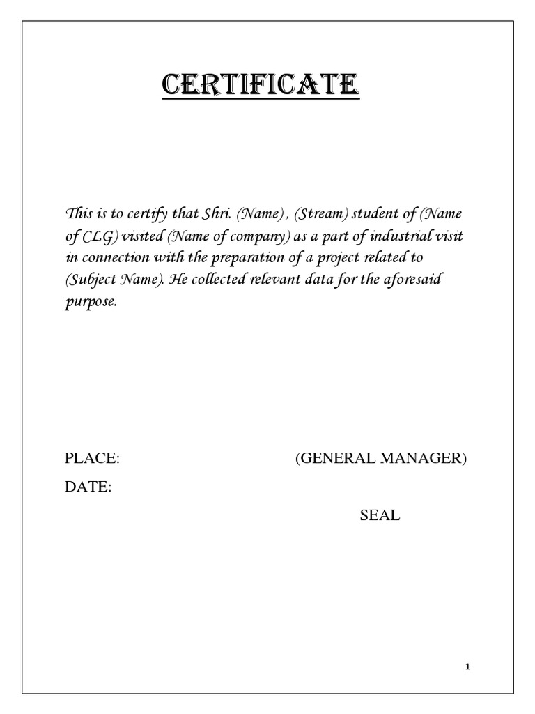 Certificate: Place: (General Manager) Date: Seal | PDF