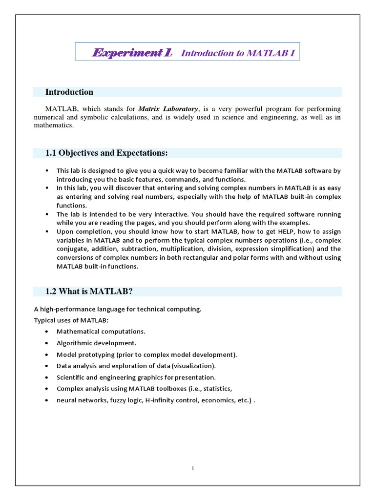 Experiment 1: Introduction To MATLAB I | PDF | Matlab | Matrix (Mathematics)