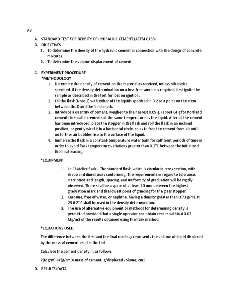 Standard Density For Hydraulic Cement Using ASTM C188 | PDF | Concrete ...