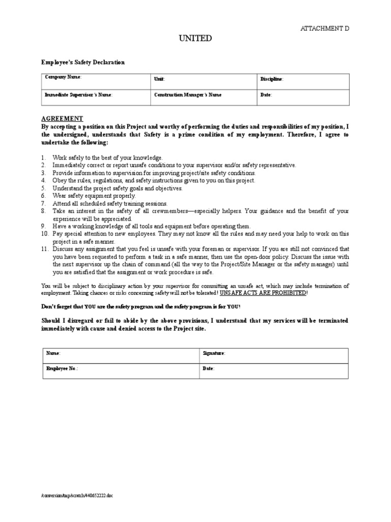 Employee safety declaration form | PDF | Supervisor | Safety