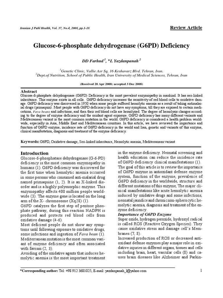 Glucose-6-Phosphate Dehydrogenase (G6PD) Deficiency: Review Article ...