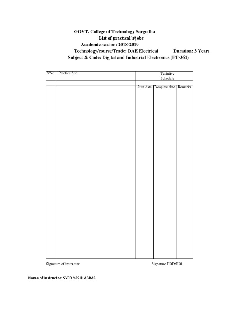 S/No Practical/job Tentative Schedule Start Date Complete Date Remarks ...