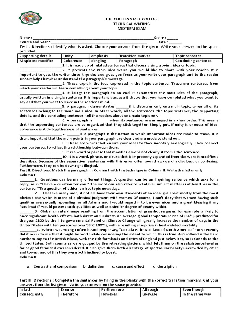 Midterm Exam in Technical Writing | PDF | Paragraph | Question