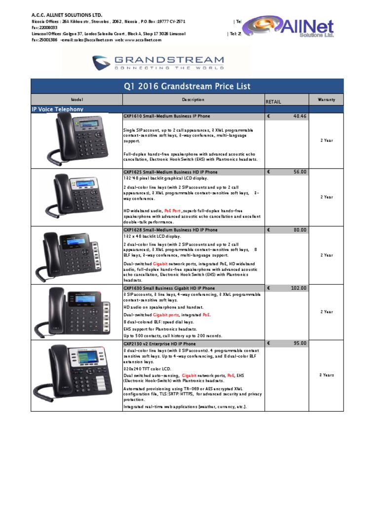Q1 2016 Grandstream Price List: IP Voice Telephony | Download Free PDF ...