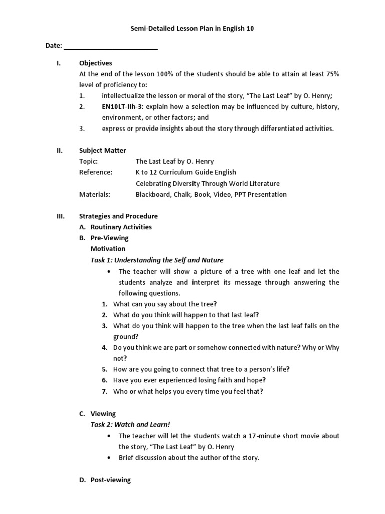 Lesson Plan for "The Last Leaf" | PDF | Reading Comprehension | Pedagogy