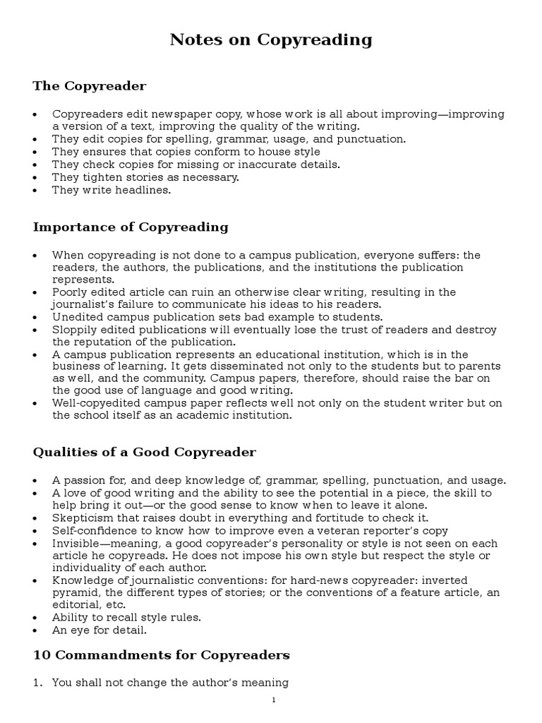 Copyreading and Handline Writing Handout Final Nestor de G | PDF | Copy ...