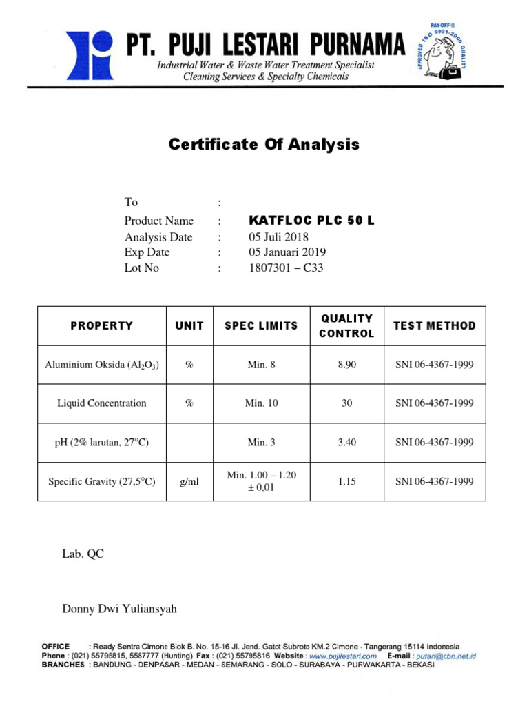 Certificate of Analysis (PLC 50 L) | PDF | Technology & Engineering