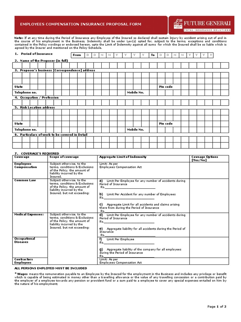 Workmen Compensation Proposal Form | PDF | Liability Insurance | Insurance