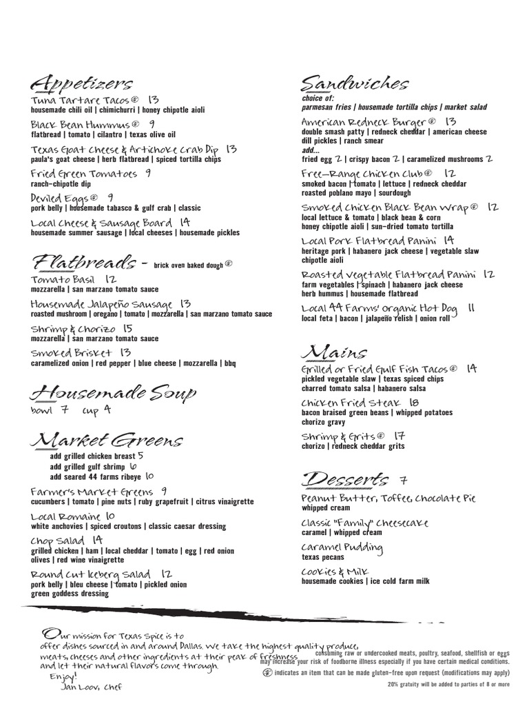 Texas Spice Menu Highlights | PDF | Sausage | Salad
