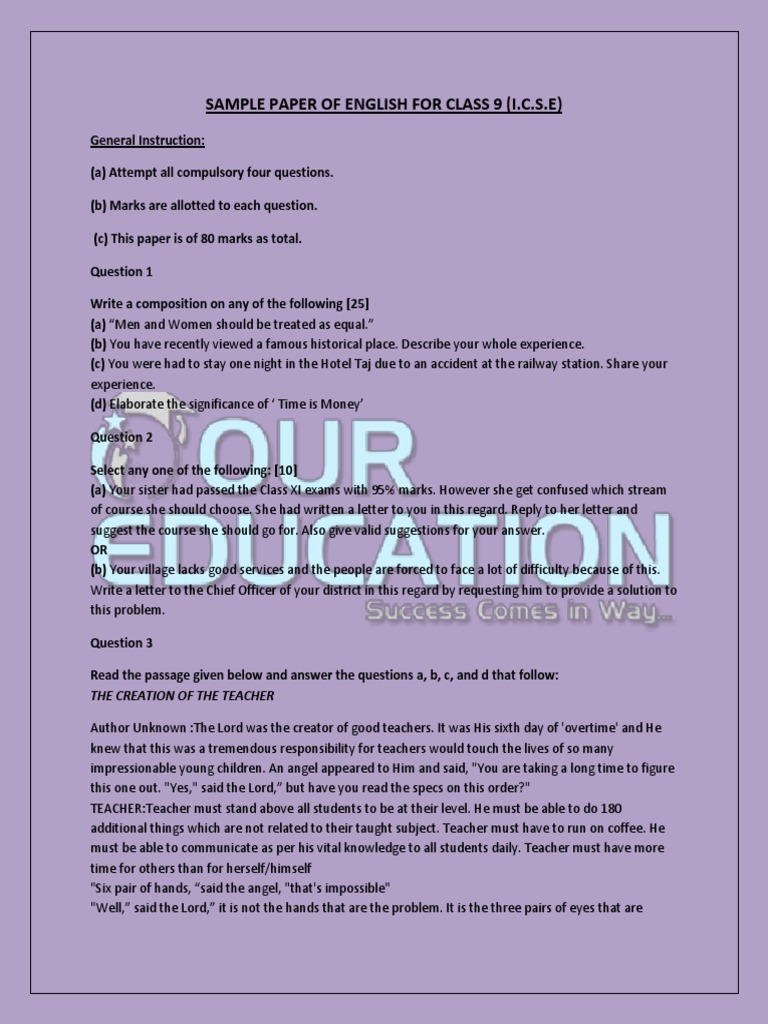 ICSE Sample Paper of English For Class 9 | PDF | Test (Assessment)
