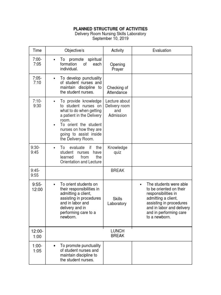 Planned Structure of Activities | PDF | Nursing | Childbirth