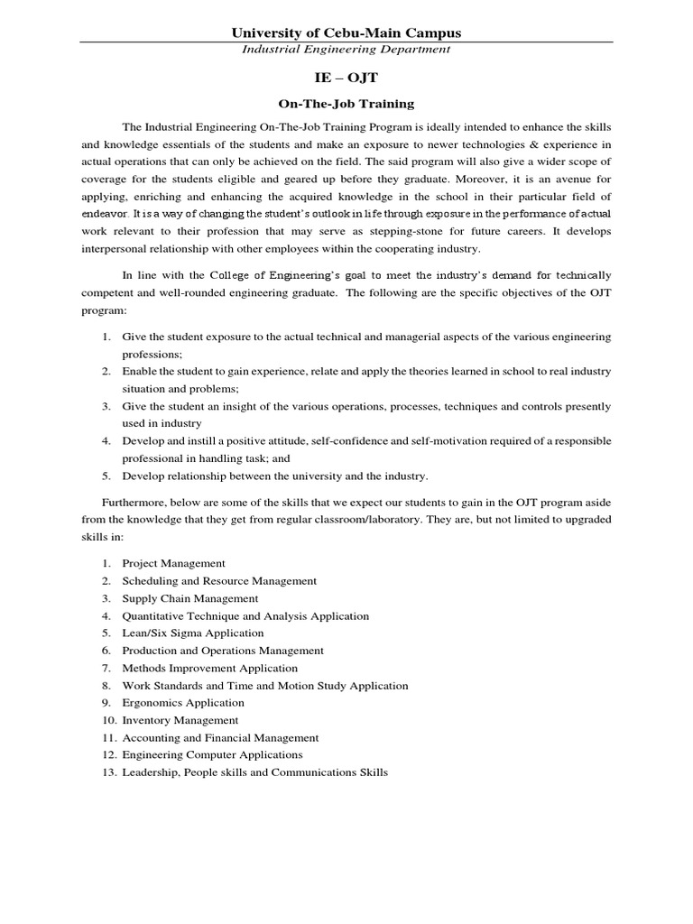 University of Cebu-Main Campus: On-The-Job Training | PDF | Engineering ...