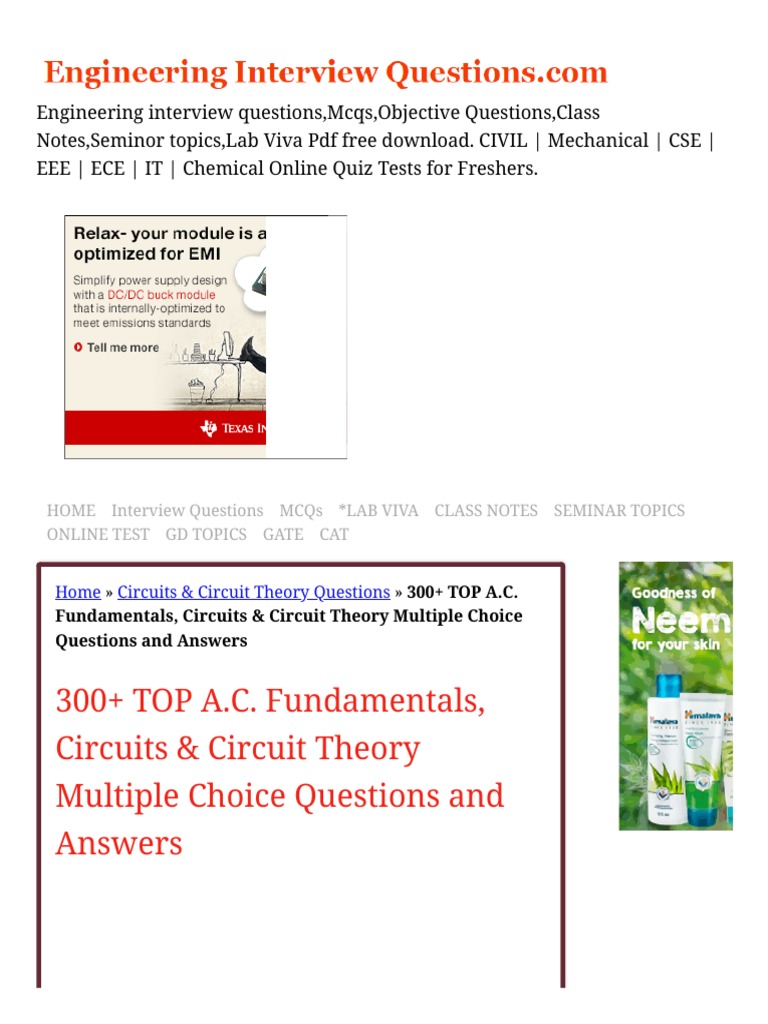 300+ TOP A.C. Fundamentals, Circuits & Circuit Theory Multiple Choice ...