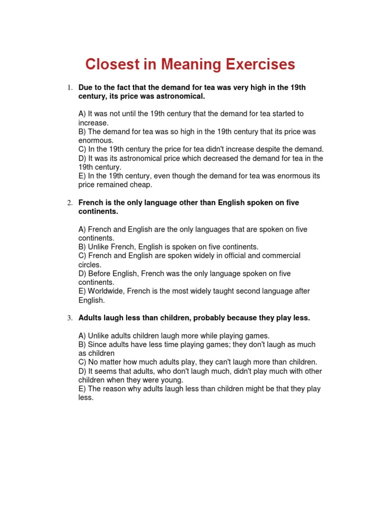Closest in Meaning Exercises: Century, Its Price Was Astronomical | PDF ...