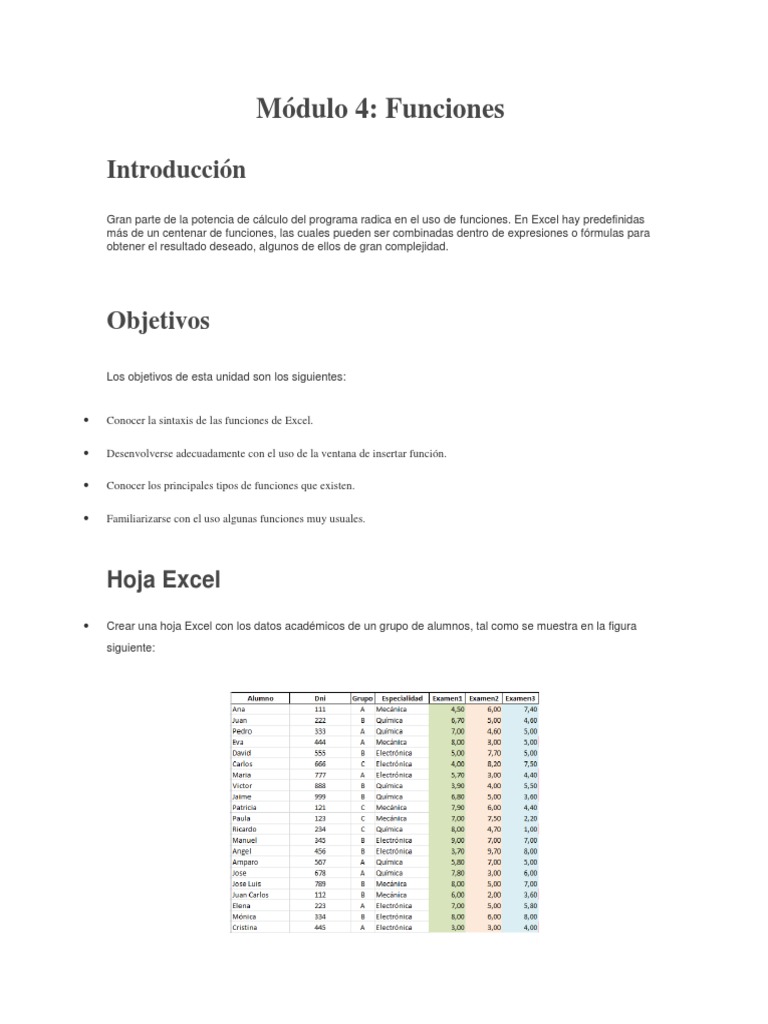 Módulo 4 - Funciones | PDF | Hoja de cálculo | Microsoft Excel