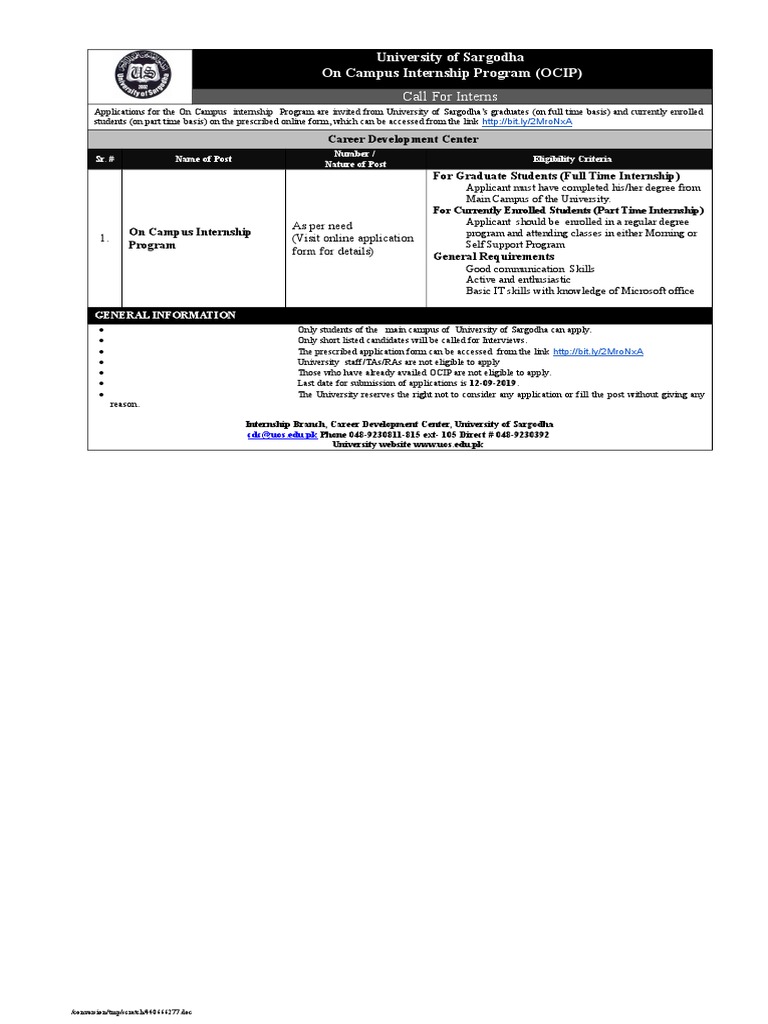 University of Sargodha On Campus Internship Program (OCIP) | PDF ...