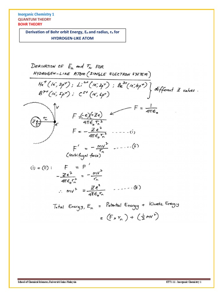 Derivation of Bohr Orbit Energy, E and Radius, R For Hydrogen-Like Atom ...