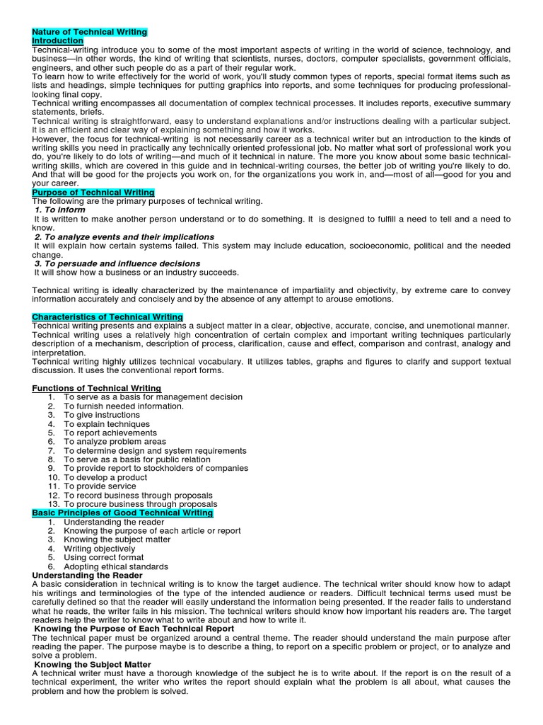 Nature of Technical Writing | PDF | Writers | Definition