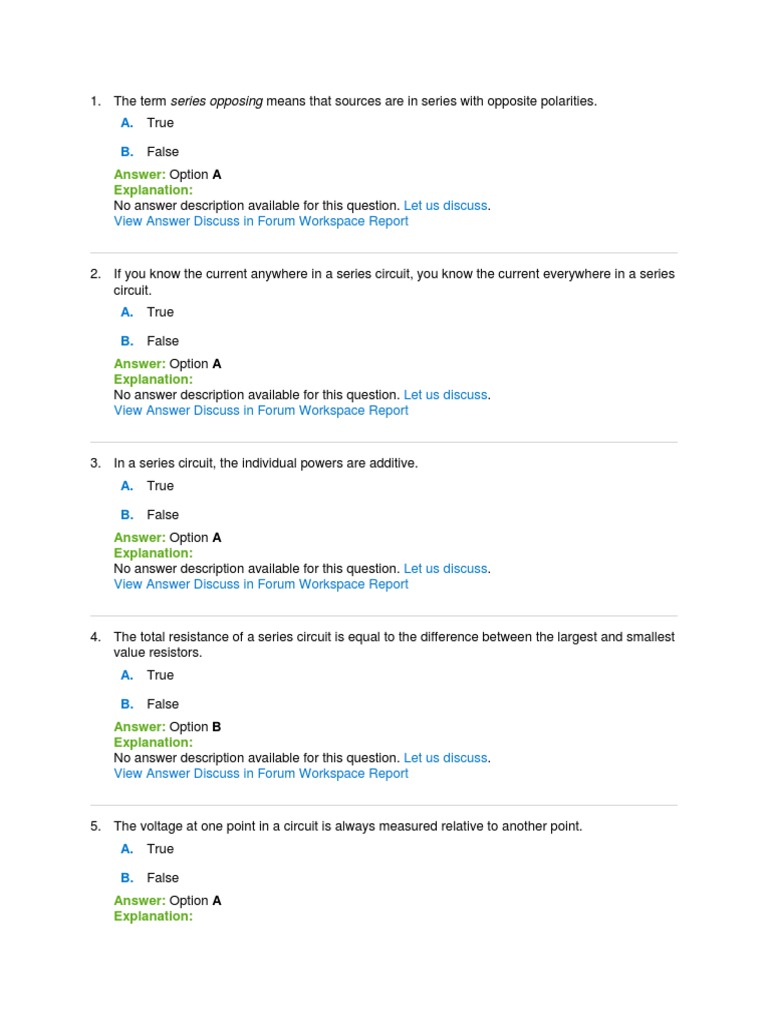 Key Concepts of Series Circuits: A Multiple Choice Quiz | PDF | Series ...
